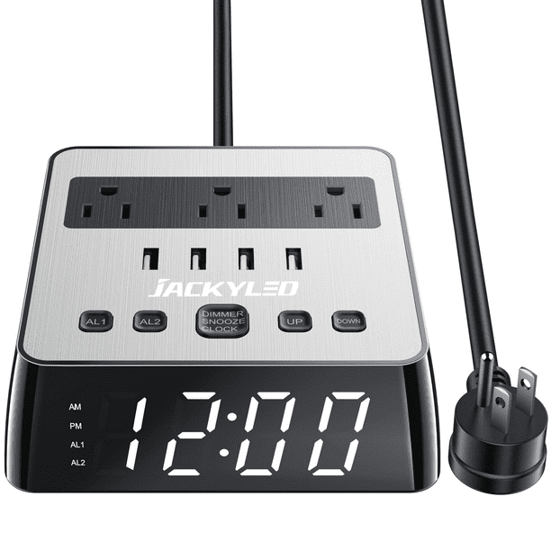 JACKYLED Alarm Clock with USB Charger Power Strip Surge Protector AC O