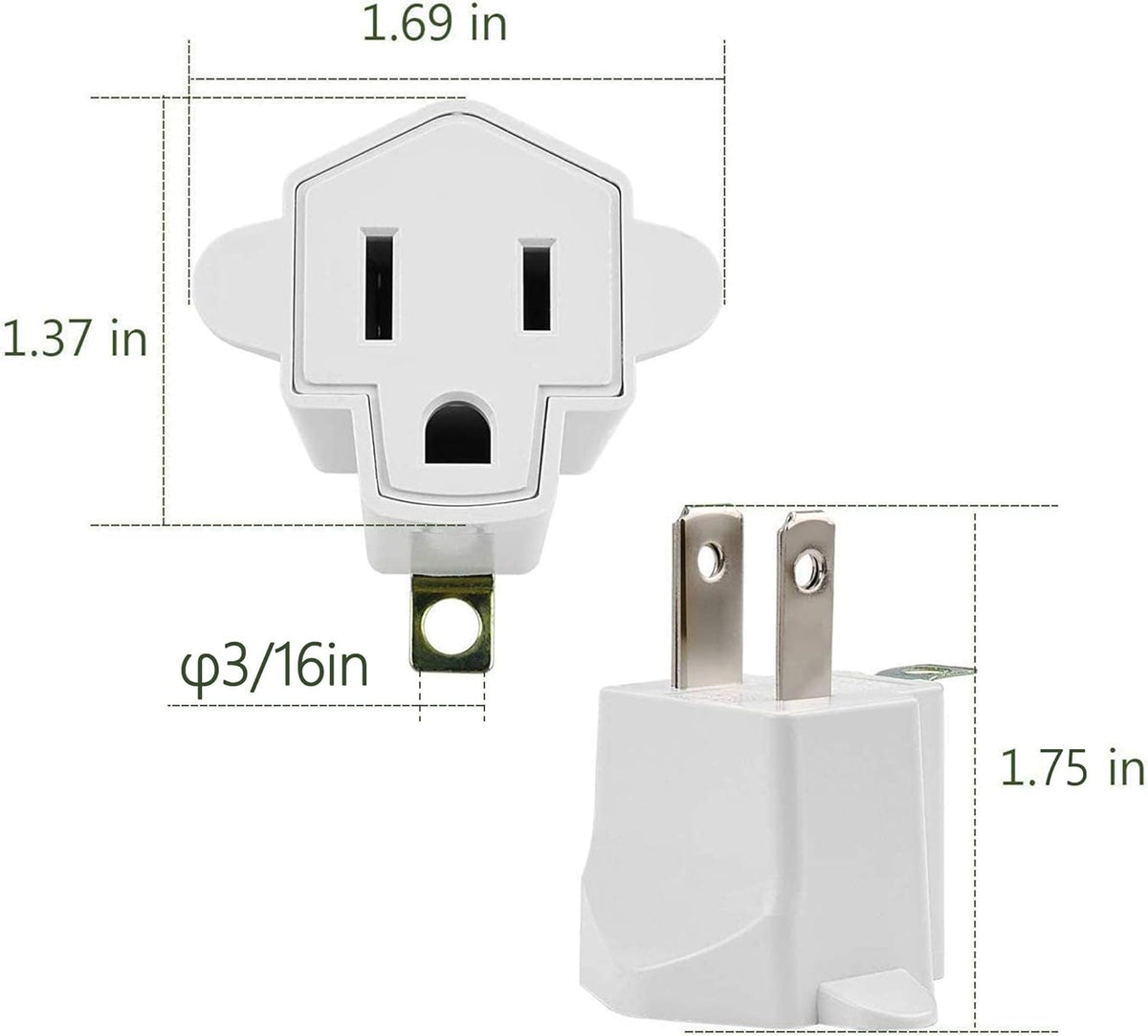 3 Prong to 2 Prong Polarized Grounding Adapter Wall Outlet Converter ...