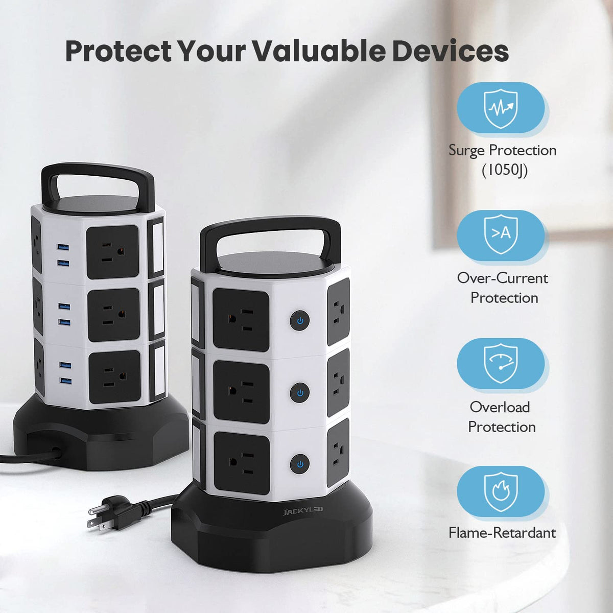 Power Strip Tower Surge Protector, JACKYLED 12 Outlets 6 USB (2 USB C)